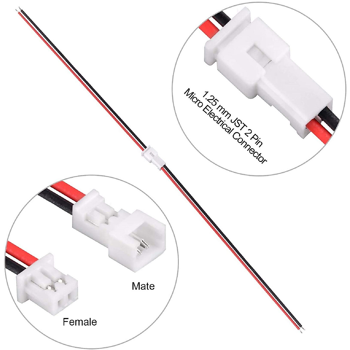 Letool 30 Pairs JST 1.25mm 2 Pin Micro Male Female Connector Plug with Red Black Wire Cable 80mm