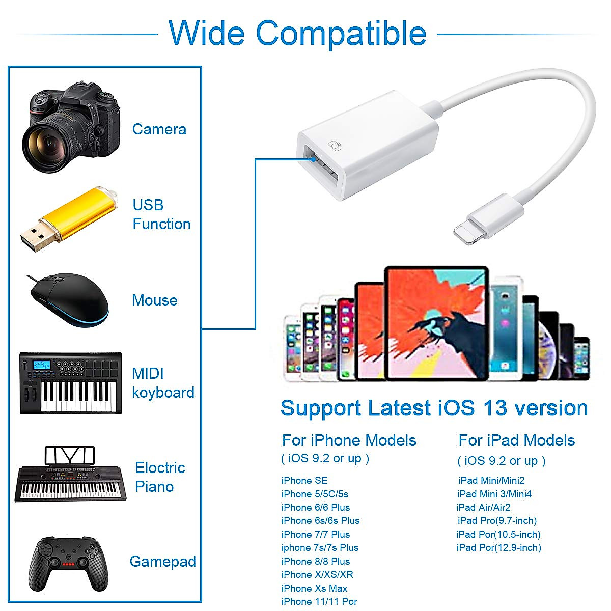 WORLDBOYU Lightning to USB Camera Adapter Lightning Female USB OTG Cable Adapter for Select iPhone,iPad Models Support Connect Camera, Card Reader, USB Flash Drive, MIDI Keyboard, White