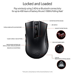 ASUS Portable Wireless Optical Gaming Mouse - ROG Strix Carry | Bluetooth & RF USB - Seamless Connection, No Interference | 7200 DPI | High Level Accuracy | Armoury II | Carry Pouch Included