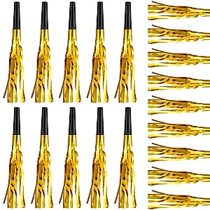 60 Pieces Glitter Metallic Fringed Noise Maker Black and Gold Musical Blowouts New Year's Party Favors Noise Whistle Party Horns and Blowers Squawker Whistles for Birthday Graduation Decoration Supply