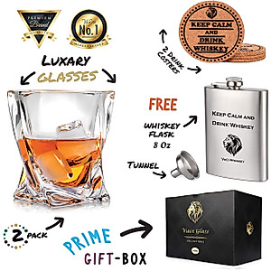 Vaci Crystal Whiskey Glasses – Set of 2 Bourbon Glasses, Tumblers for Drinking Scotch, Cognac, Irish Whisky, Large 10oz Premium Lead-Free with Stainless Steel Flasks, Cups, Luxury Gift Box