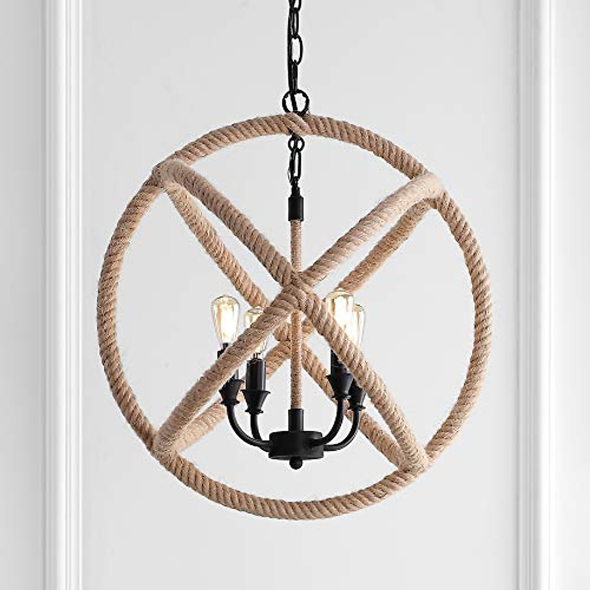 JONATHAN Y JYL9041A Soka 4-Light 20" Adjustable Globe Metal/Rope LED Pendant, Farmhouse, Coastal, Bohemian, Cottage, Industrial, Rustic, Transitional, Dining Room, Kitchen, Foyer, Black/Brown