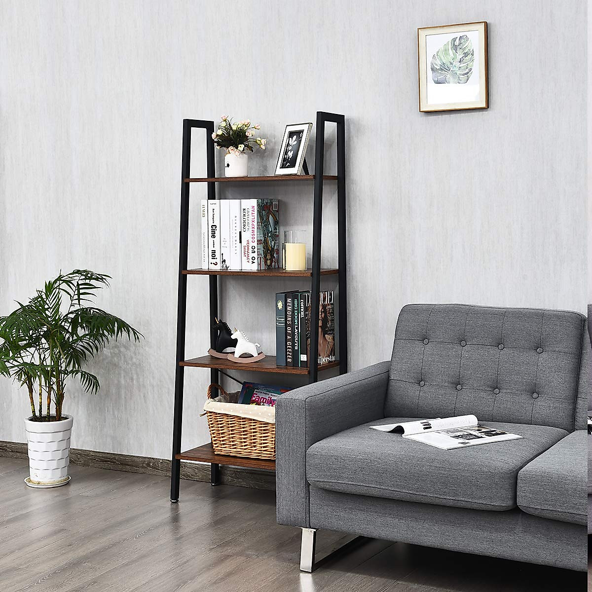 Giantex Ladder Shelf 4-Tier Industrial Bookshelf Storage Rack Shelves for Home and Office Use, Wood Display Rack with Metal Frame (Rustic Brown)