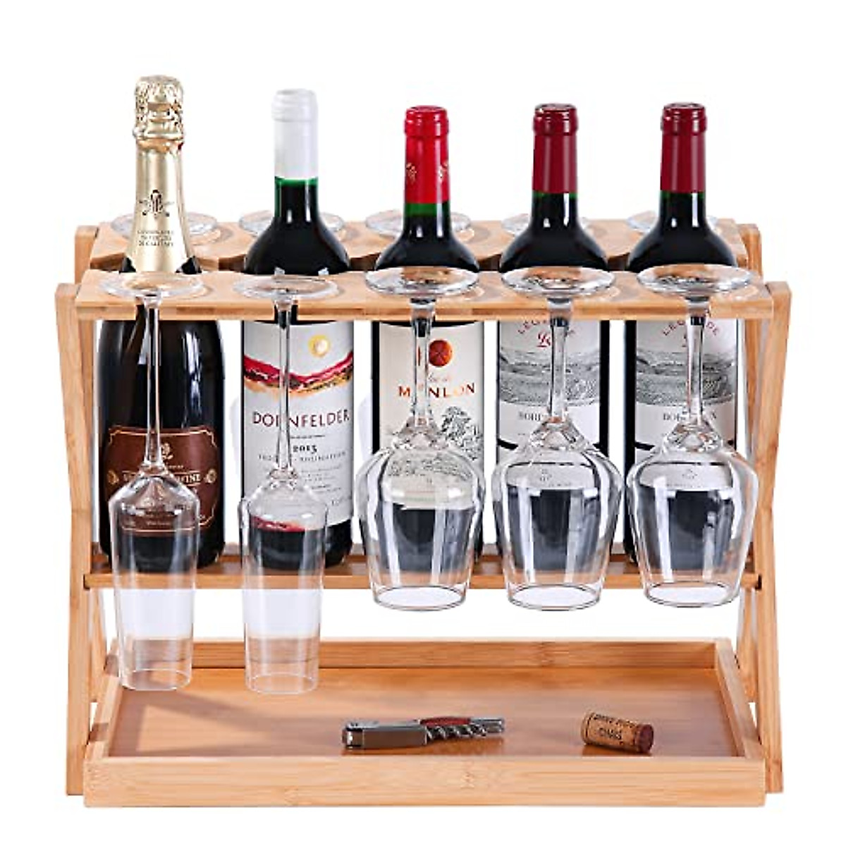 Ollieroo Countertop Wine Rack with Glass Holder, Freestanding Tabletop Small Wine Rack with Cork Tray, Hold 5 Wine Bottles 10 Glasses, Bamboo Wobble-Free Bottle Holder for Kitchen Bar Counter Cabinets