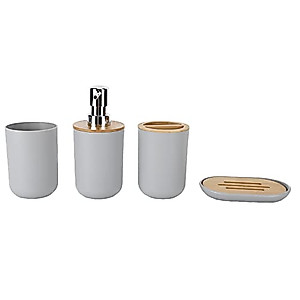 Garosa 4Pcs Bathroom Accessory Set Bamboo Waterproof Plastic Toothbrush Cup Lotion Dispenser Soap Box Tooth Mug for Home Hotel Gift (Grey)