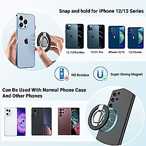 Magnetic Phone Ring Stand for iPhone 14 13 12 Pro Max/Pro/Mini, Compatible with MagSafe Foldable &Adjustable Finger Ring Grip for Wireless Charging -Black