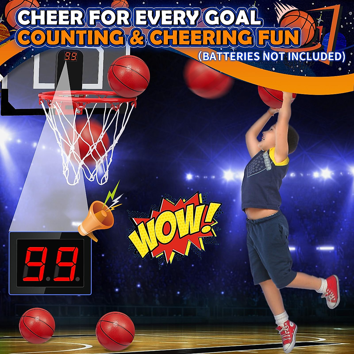 Pro Indoor Mini Basketball Hoop Set for Kids Adults, Wall Mount Automatic Scoring Basketball Hoop with 4 Rubber 6" Balls, Over The Door Basketball Hoops with Electronic Scoreboard Large Dunk Rim