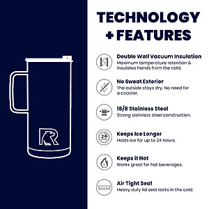 RTIC 16 oz Coffee Travel Mug with Lid and Handle, Stainless Steel Vacuum-Insulated Mugs, Leak, Spill Proof, Hot Beverage and Cold, Portable Thermal Tumbler Cup for Car, Camping, Coral