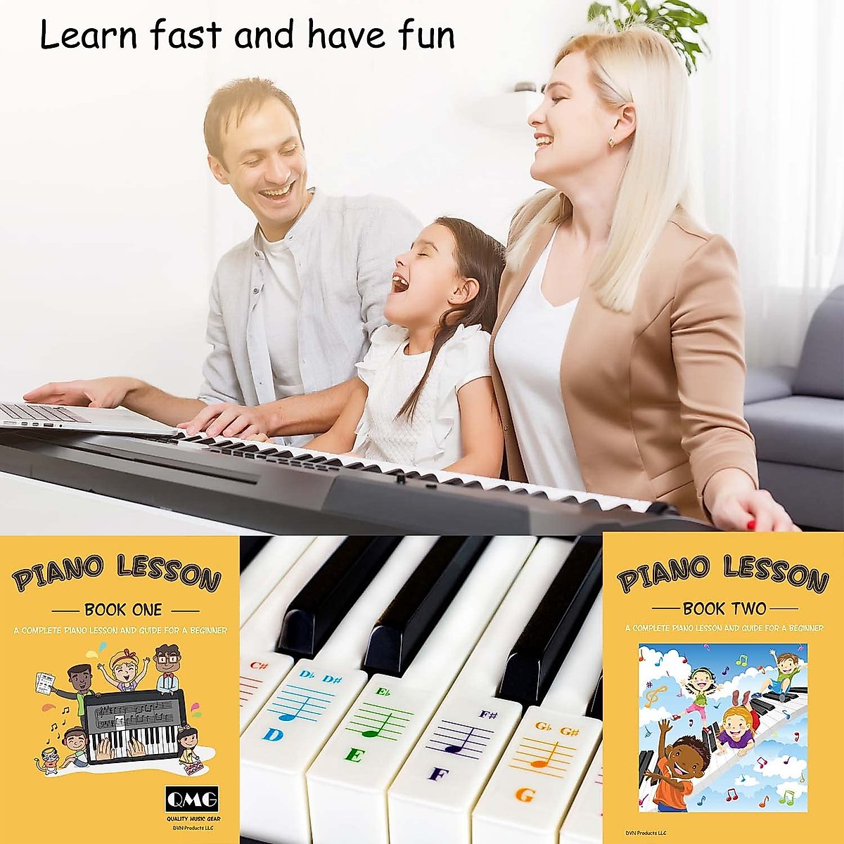 QMG Color Piano and Keyboard Stickers and Complete Color Note Piano Music Lesson and Guide Book 1 and Book 2 for Kids and Beginners; Designed and Printed in USA