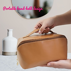 S-SNAIL-OO Upgrade Large-capacity Travel Cosmetic Bag, Women Pu Leather Waterproof Portable Cosmetic Bag with Handle, Storage Bag for Place Skin Care Products, Jewelry, Sundries. (Pink)