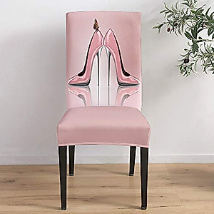 Stretch Chair Cover Dining Room Chair Covers Set of 4, Butterfly Kiss Pink High Heels Waterproof Removable Chair Seat Protector, Soft Washable Chair Cover for Office Chair Kitchen