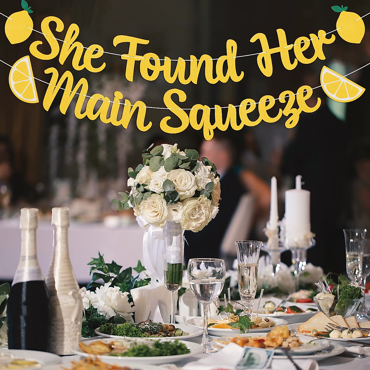 She Found Her Main Squeeze Banner - Spritz O’Clock Banner, Lemon Citrus Lemonade Theme Bridal Shower Bride to Be Wedding Engagement Bachelorette Party Supplies Gold Glitter