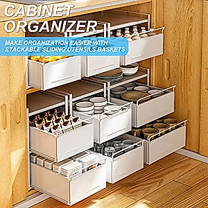 Stackable Sliding Utensils Basket Organization and Storage, Pull-able Under Cabinet Storage, Large Under Sink Organizer Drawer with Shelves for Dishes, Bowls, Seasoning Canisters and Cups(23.5''L)