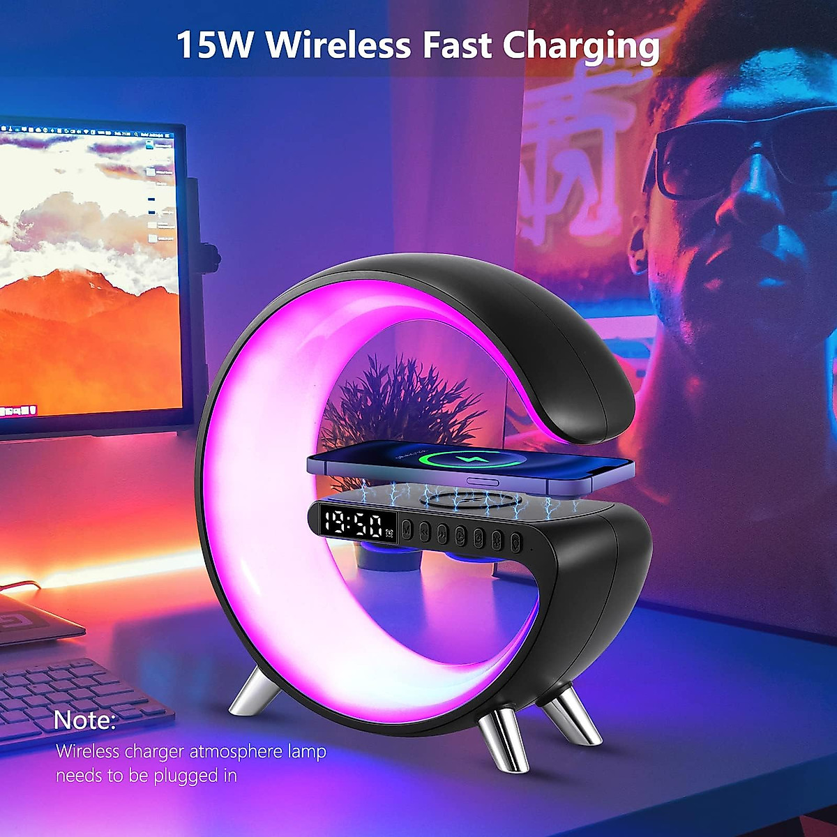 Wireless Charger Atmosphere Lamp, 2025 New Intelligent LED Table Lamp, Bluetooth Speaker, Dimmable Night Light Bedside Lamp Alarm Clock with Music Sync, App Control for Bedroom Home Decor Gift (Black)