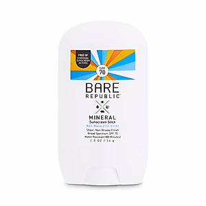 Bare Republic Mineral Sunscreen SPF 70 Sunblock Stick, Sheer and Non-Greasy Finish, Unique Teardrop Shape For Easy Application, 2 Oz