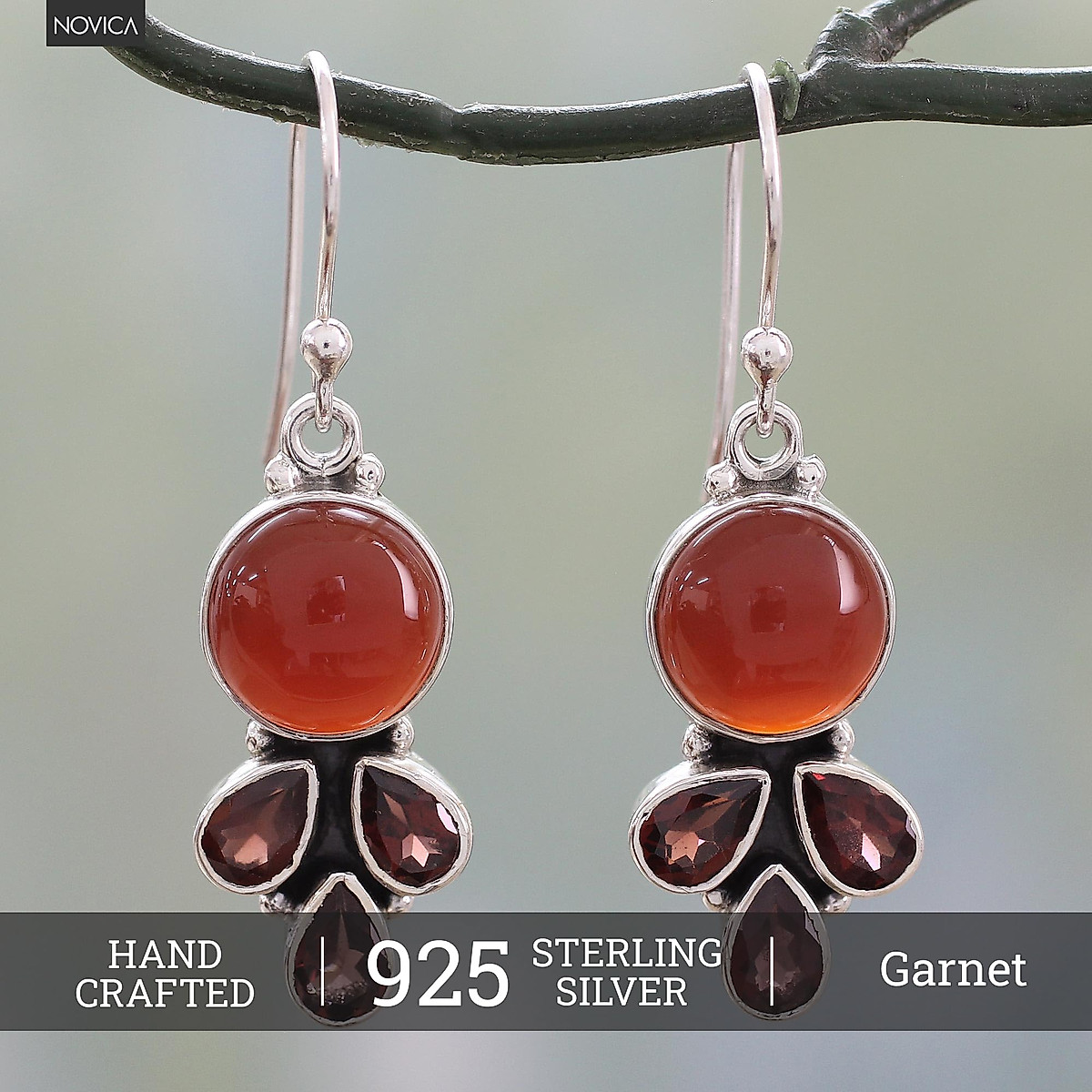 NOVICA Artisan Handmade Carnelian Garnet Dangle Earrings Colorful Fair Trade Gemstone from India Sterling Silver Red Fiesta Flame Birthstone [1.7 in L x 0.5 in W x 0.3 in D] ' Ardent Color'
