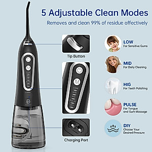 ByDiffer Water Flosser, Cordless Water Flossers for Teeth Cleaning Picks, 300ML 5 DIY Modes 5 Water Jet Tips Rechargeable IPX7 Waterproof Dental Portable Oral Irrigator, Black