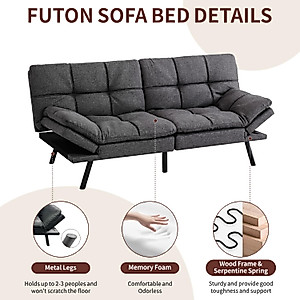 MUUEGM Modern Futon Sofa Bed with Loveseat, Sleeper Sofa for Living Room,Adjustable Backrests and Armrests, Memory Foam Lounge Sofa Couch in Dark Gray Linen Fabric.(Dark Gray, Fabric)