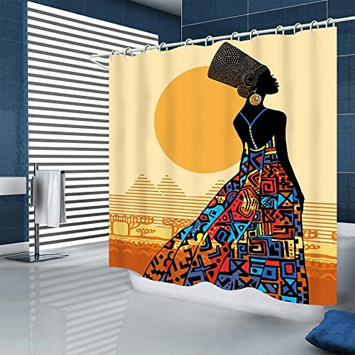 4PCS African American Woman Shower Curtain Set for Bathroom with Rugs and Accessories Sets Include Black Girl Bathroom Shower Curtain Set & 3 Non-Slip Bath Mat (Yellow)