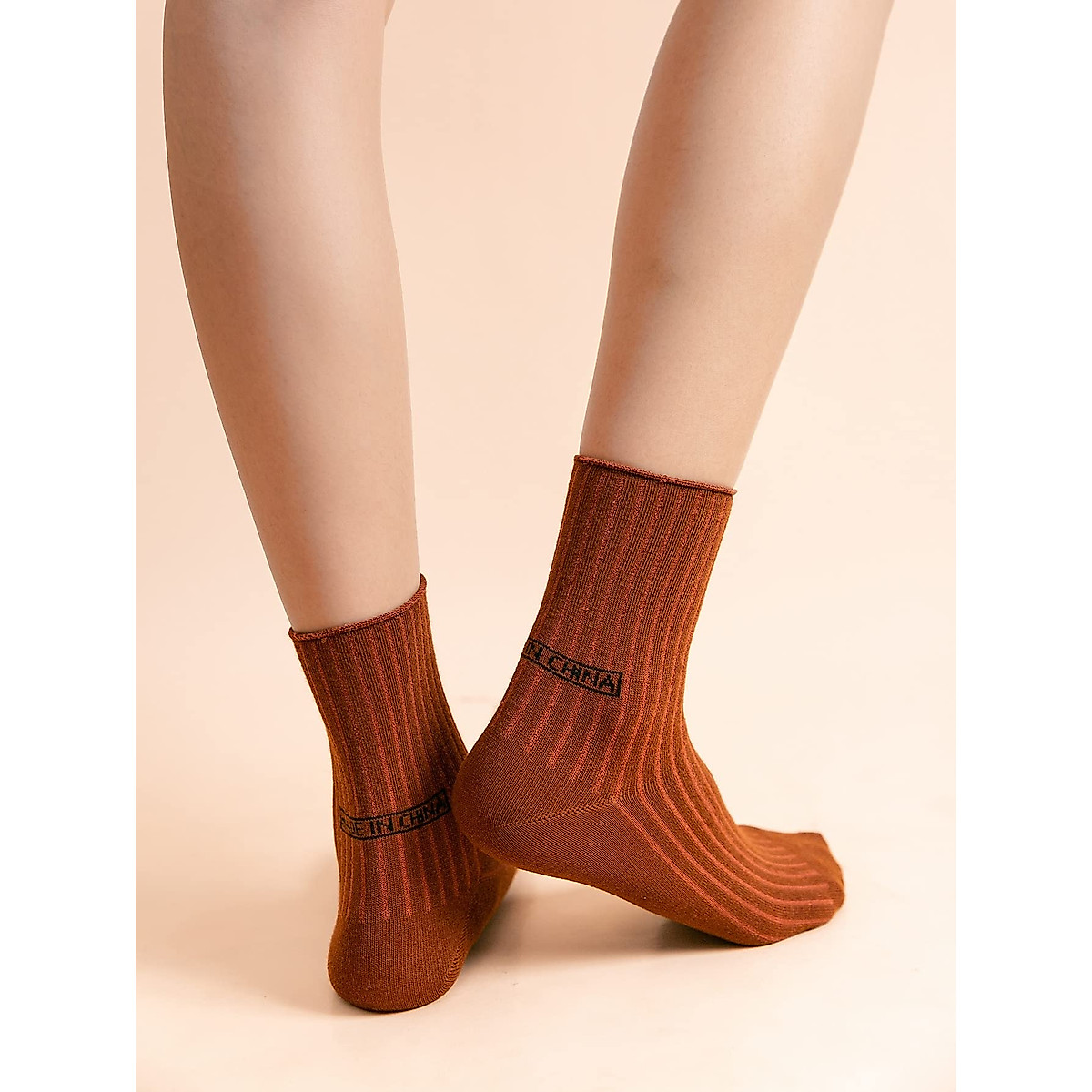 SHENHE Women's 5 Pairs Ribbed Knit Athletic Running Cushioned Mid Calf Crew Socks Multicolor Brown One Size