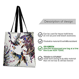 Canvas Tote Bag Watercolor Bird Hummingbird Feather Large Shopper Bag with Zipper Pocket Reusable Casual Shoulder Bag for Women Men