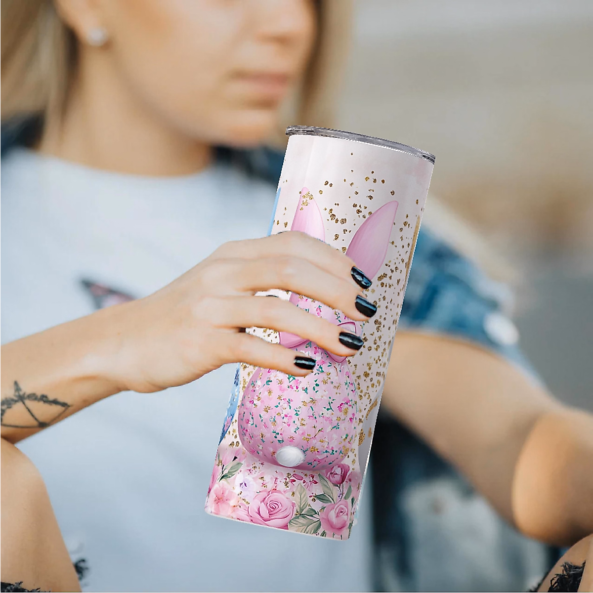 Custom Printed Floral Bunny Easter Tumbler | Personalized Double Wall Insulated Travel Mug | Spring Design with Name (Floral Bunny)