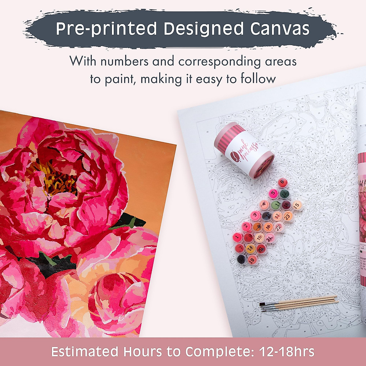 Pink Picasso Kits Botanical Floral Paint by Number for Adults | DIY Canvas Painting Kits Color by Numbers Drawing Arts and Drawing Crafts As Seen On Shark Tank | (Petal Power) 16x20 - Paint Kit Set