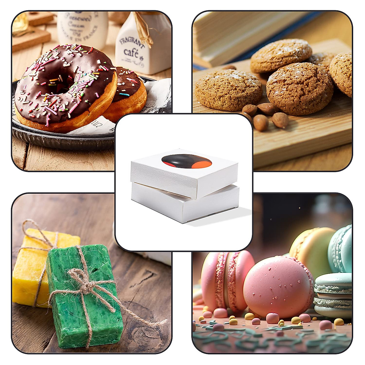 Bssay 60Pcs Small Soap Packaging Boxes 4.3x4.3x1.2 Inch,White Square Paper Boxes Gift Wrapping Box with Round Clear Window for Bakery Cookies Cake Candy Soap Packaging Birthday Gift Boxes（White）