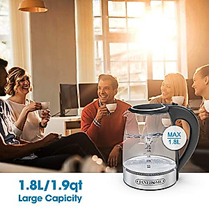 Plaman Electric Kettle,Glass Tea Kettle 1.8L with Blue LED for Boiling Water,BPA-Free Hot Water Glass Kettle with Auto Shut-Off and Boil Dry Protection for Coffee & Tea