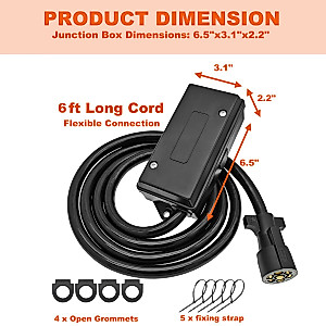 7 Pin Trailer Plug Wiring Harness （6ft）with 7 Gang Waterproof Junction Box, Heavy Duty 7 Way RV Trailer Replacement Wiring Harness Kit