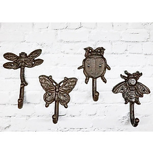 Ebros Set of 4 Cast Iron Vintage Rustic Fancy Bugs Bee Ladybug Butterfly and Dragonfly Wall Hooks Plaque Countryside Western Vintage Cottage Home Or Office Organization