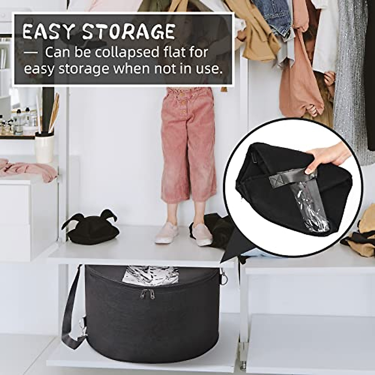 LITLANDSTAR Hat Organizer for Women and Men, Round Hat Storage Box Portable Felt Hat Container Foldable Hat Holder with Dust Proof Lid, Hat Rack for Closet or Travel (17" D x 10" H, Black)