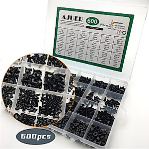 AJUER 600pcs Metric Bolt Assortment M2.5 M3 M4 Alloy Steel Hex Button and Flat Head Cap Machine Screws and Lock Nuts RC Screw Kit Black Zinc Plating