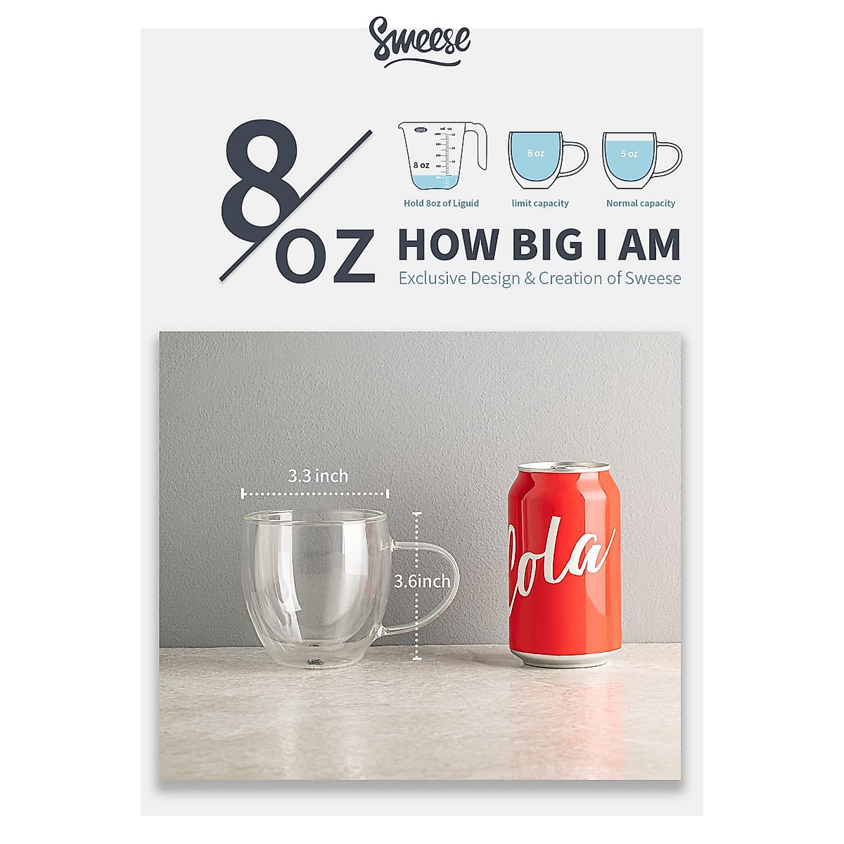 Sweese Glass Espresso Cups, 5oz & 8oz Double Wall Glass Coffee Mugs, Set of 6