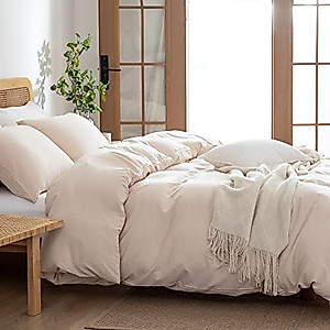 Beige Duvet Cover Queen, 100% Washed Microfiber 3 Pieces Solid Casual Beige Bedding Set for Men and Women, with Zipper Closure, Luxury Ultra Soft Relaxed Feel Natural Wrinkled Comfy (Beige, Queen)