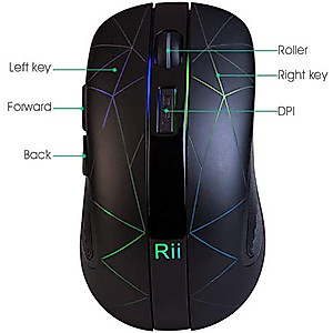 Rii RM200 2.4G Wireless Mouse with USB Nano Receiver, 5 Buttons Rechargeable RGB,3 Adjustable DPI Levels,Colorful Gaming Mouse for Notebook,PC,Computer-Black