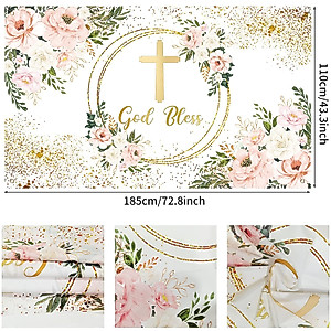 Baptism Decorations for Girls God Bless Party Decorations Floral God Bless Backdrop Banner,Pink Gold Balloon Garland,Cross Balloons Bautizo First Communion Christening Party Decorations,Baby Shower