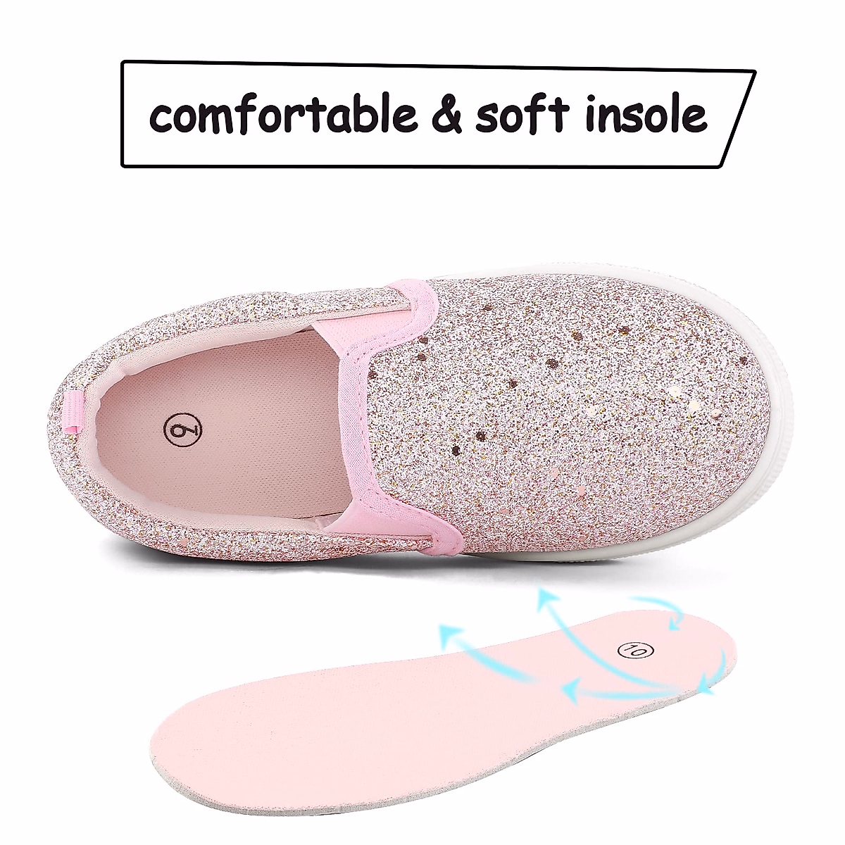 K KomForme Toddler Sneakers for Girls Boys Slip On Canvas Walking Shoes, Size 2 Big Kid, Pink Glitter