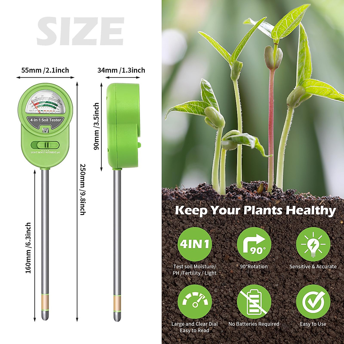 Soil Moisture Meter 4-in-1 Soil Ph Meter Water Monitor Soil Moisture/Light/Nutrients/pH Meter for Gardening Lawn Farming Indoor & Outdoor Promote Plants Healthy Growth No Batteries Required (Green)