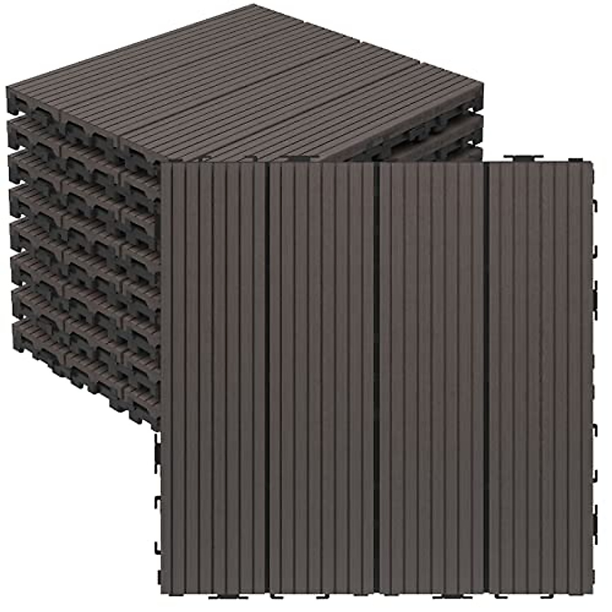 Goovilla Wood Plastic Composite Interlocking Patio Deck Tiles 9 Pack (9 sq. ft), 12"x12" Waterproof Indoor Outdoor Flooring All Weather Use, Balcony Floor Covering Tile, Decking Tiles, Dark Coffee