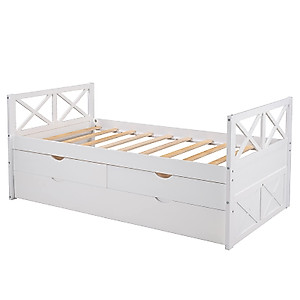 Twin Captain’s Bed, Wood Storage Daybed with Trundle and Drawers, Wooden Platform Bed with Storage for Kids Teens and Adults, White