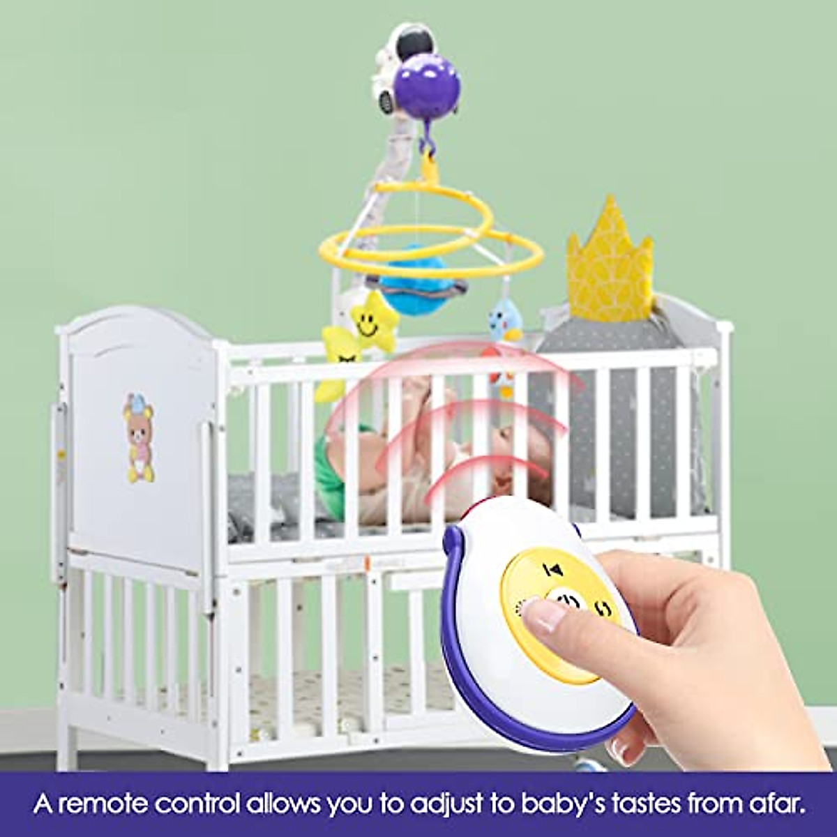 Baby Crib Mobile with Safety Buckle Lock,Music,Light Projector,3 Modes(Rotate,Natural light,Lullaby)2 Volume Control,Slow Silent Rotation,Remote Control,Five Soft Toys-Eapura Space Stars Station Theme