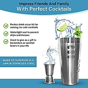 Stainless Steel Cocktail Shaker Set | 3-Piece | Anti-Smudge Martini Drink Mixer Bar Set with Mixing Spoon, 24 Oz Cocktail Drink Shaker with Jigger for Bartending | Solid Bartender Kit | Leak Proof