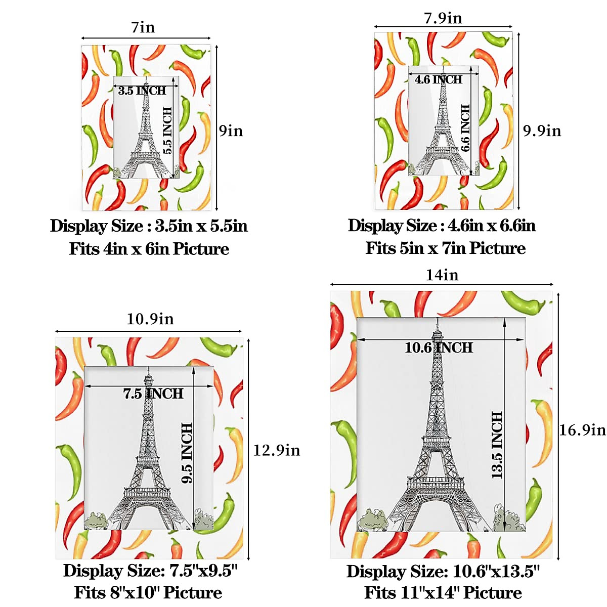 Pardick Colorful Chilli Pepper 8x10 Picture Frame, Red Yellow Green Chilli Wooden Photo Frames for Tabletop and Wall Display, Picture Frame Home Decor