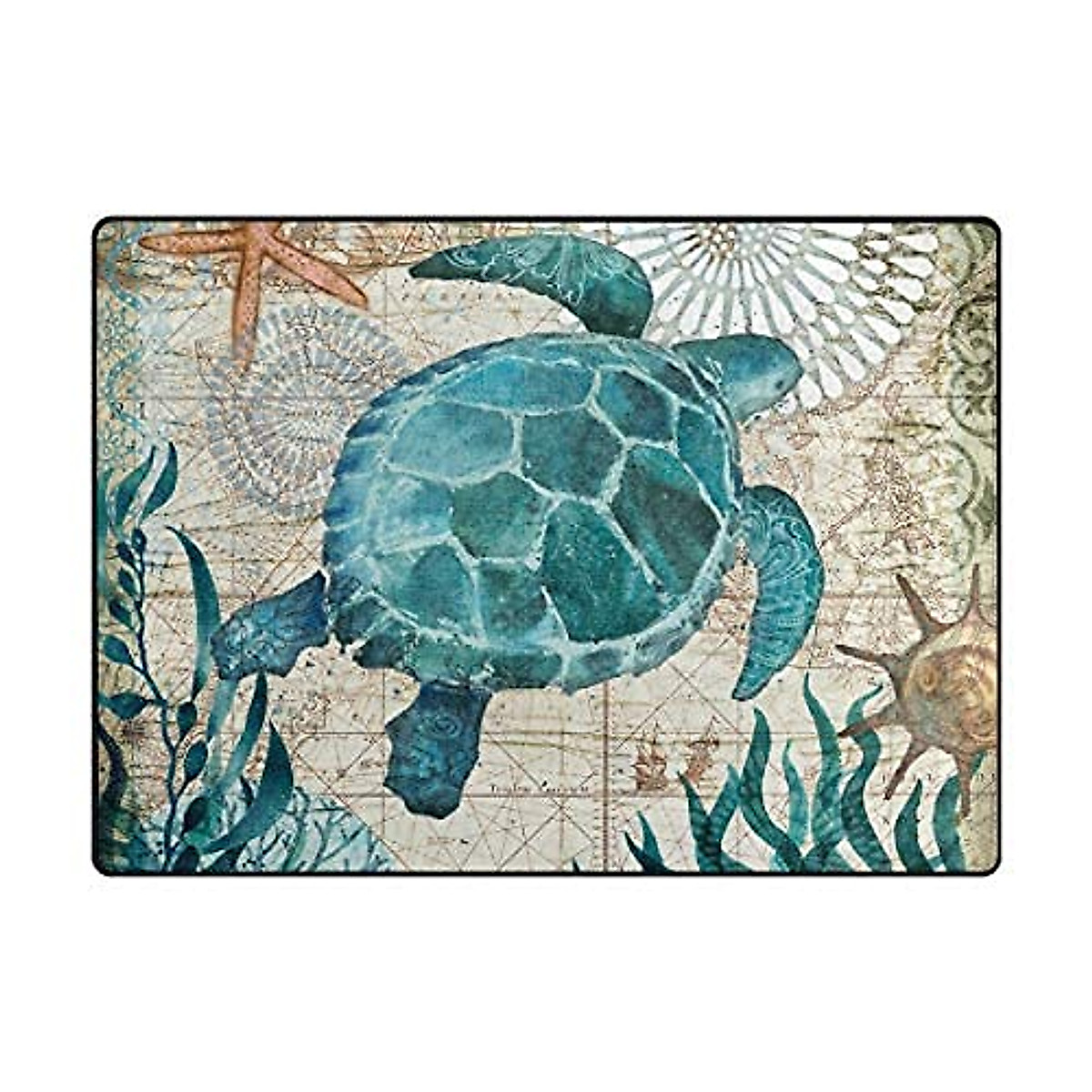 Blue Sea Turtle Nautical Map Area Rug 7' x 5' Door Mats Indoor Polyester Non Slip Multi Rectangle Carpet Kitchen Floor Runner Decoration for Home Bedroom Living Dining Room