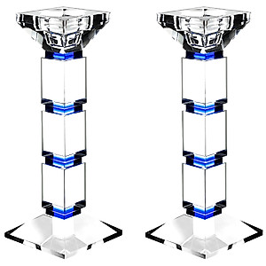 Crystal Candle Holders Set of 2-8" Tall Candlestick holder for Taper Candles and Tea Light Candles (Blue)
