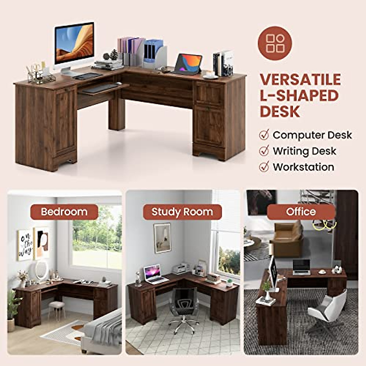 Tangkula L-Shaped Office Desk with Storage Drawers & Keyboard Tray, Home Office Corner Computer Desk with Cabinet & Inner Adjustable Shelf, Space-Saving Study Writing Desk, Computer Workstation