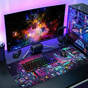 Retro Japanese Anime Gaming Mouse Pad XXL Cool Dark Purple Red Vaporwave City Extended Large Desk Mat Big Mousepad Non-Slip Rubber Base Stitched Edge Long Mousepad for Desk Computer, 35.4 x 15.7 in