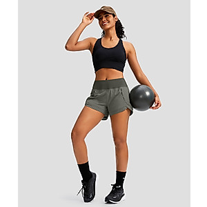 Women's Running Shorts High Waisted Quick-Dry 3 Inch Gym Workout Athletic Shorts for Women with Zipper Pocket(Army Green, M)