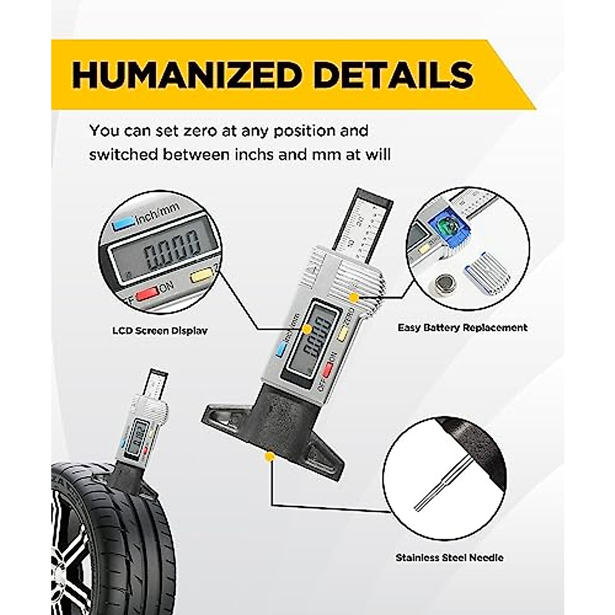 YAKEFLY Tire Tread Depth Gauge,LCD Display Tire Thread Measuring Gauge Digital Tire Depth Gauge with Inch Millimeter Conversion,Tire Tread Gauge Tire Tread Depth Measuring Tool